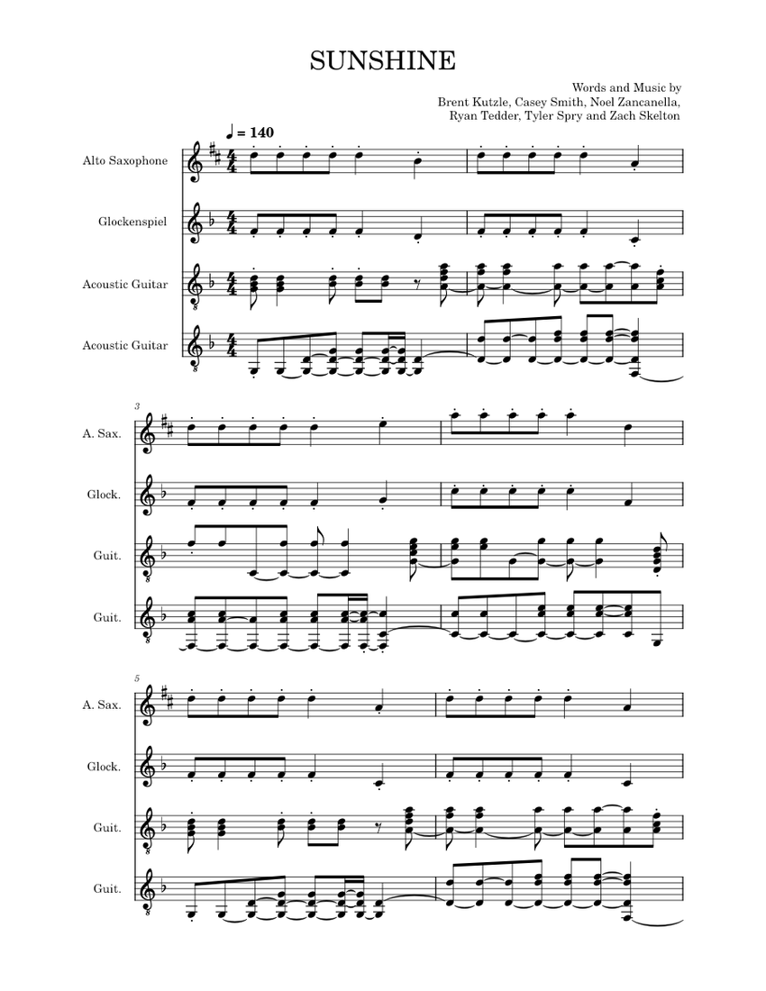 Sunshine - OneRepublic Sheet music for Organ, Vocals, Saxophone alto ...