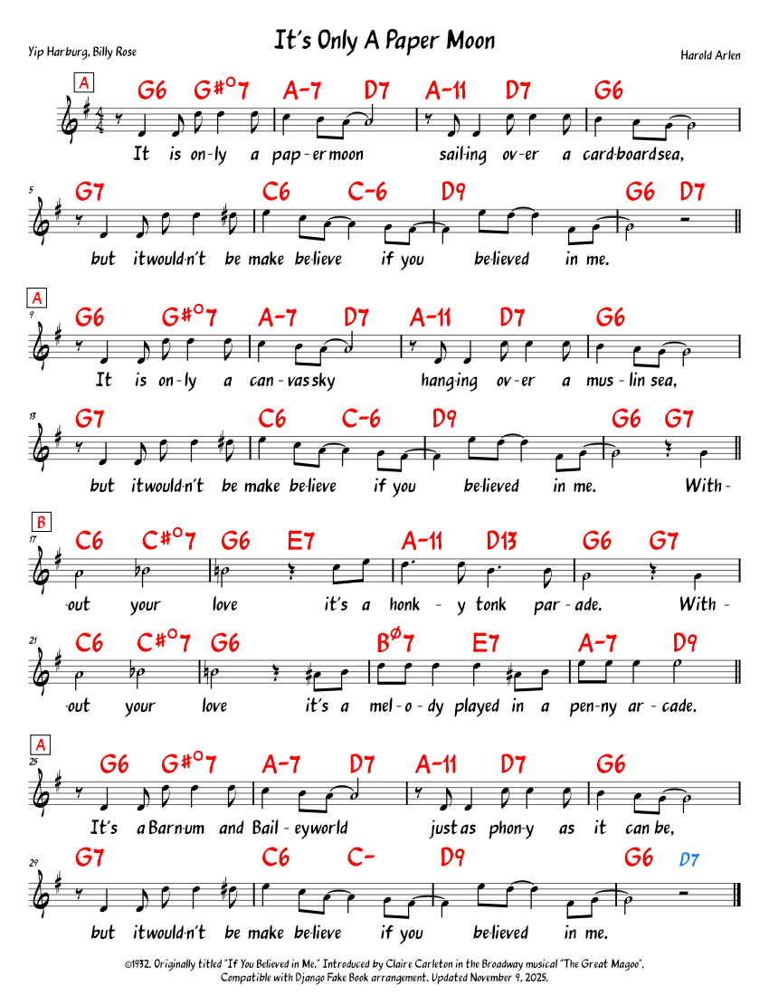 It's Only A Paper Moon – Harold Arlen, Billy Rose, Yip Harburg Sheet ...