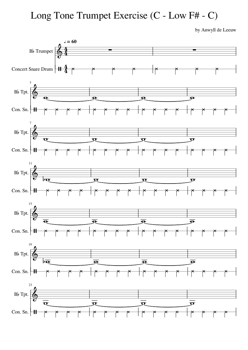 Trumpet Long Tone Exercise (C to low F# to C) Sheet Music for Trumpet ...