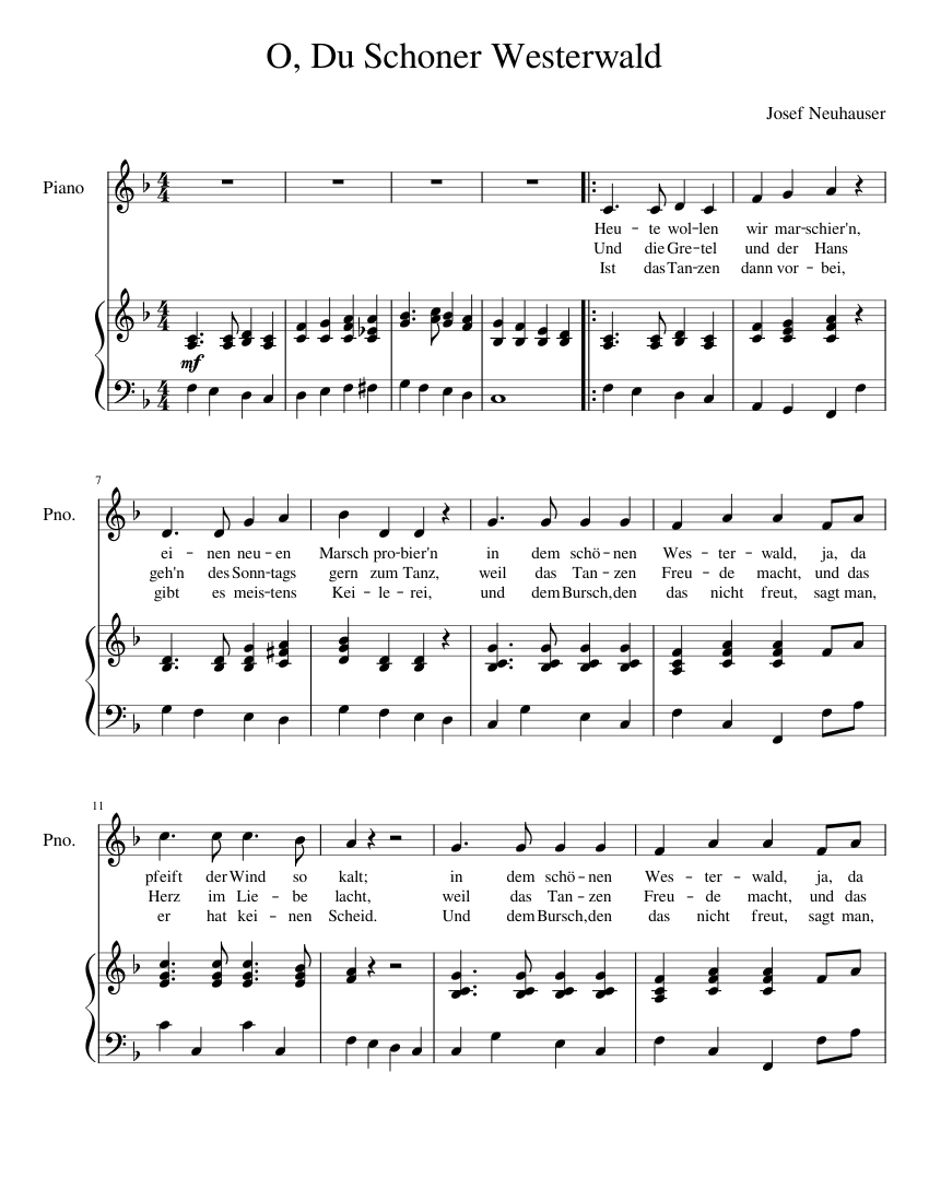 O Du Schöner Westerwald – Josef Neuhauser Sheet Music for Piano (Solo ...