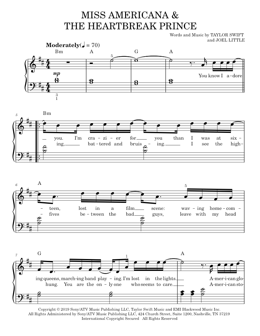 Play Official version of Miss americana and the heartbreak prince sheet ...