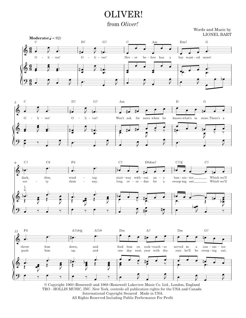 Oliver! Sheet music for Piano, Vocals: Music Notes