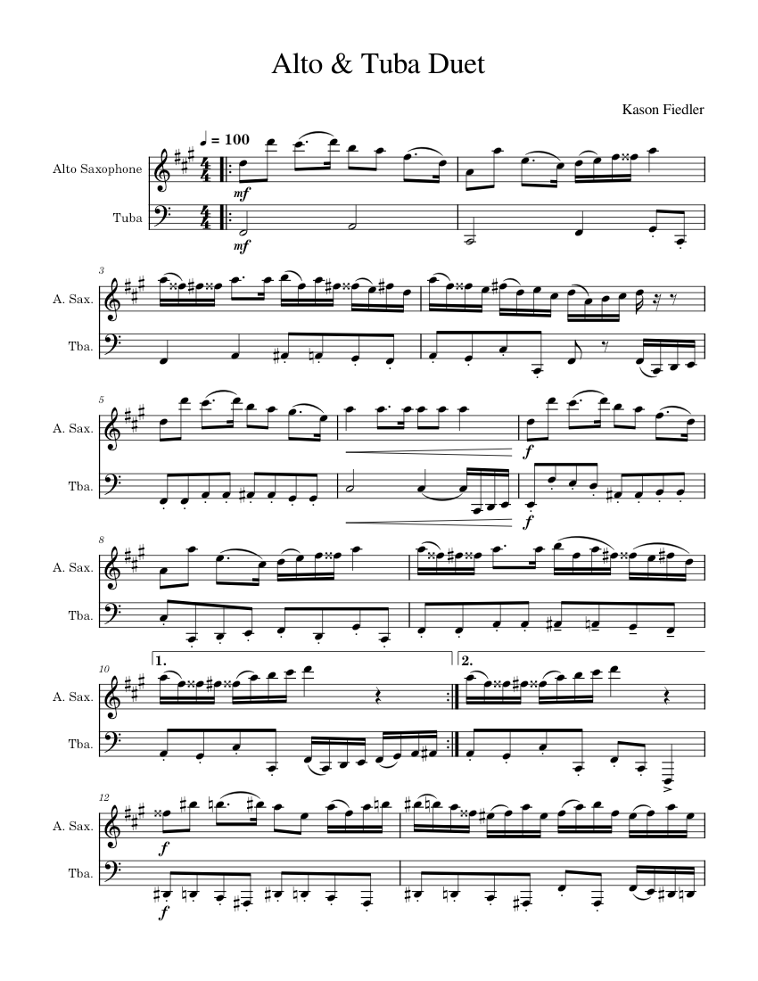 Alto & Tuba Duet Sheet Music for Tuba, Saxophone alto (Mixed Duet ...