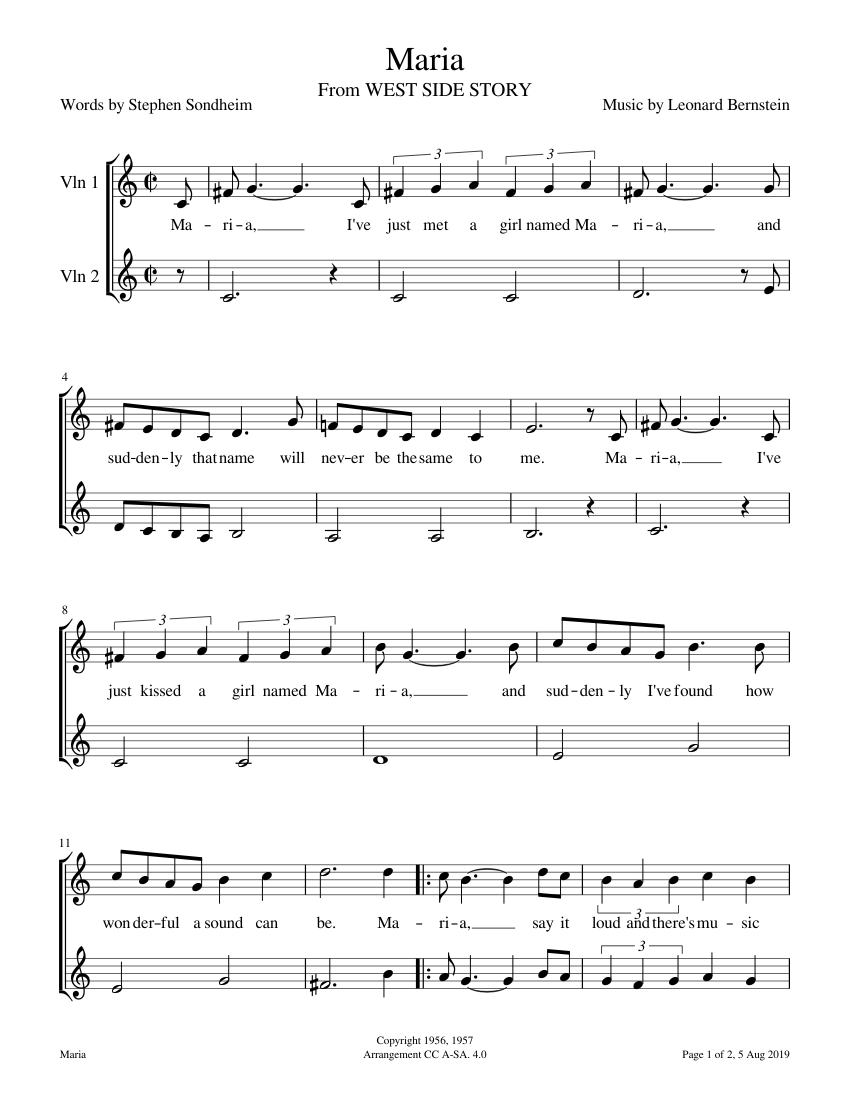 Maria Sheet music for Violin (String Duet) | Musescore.com