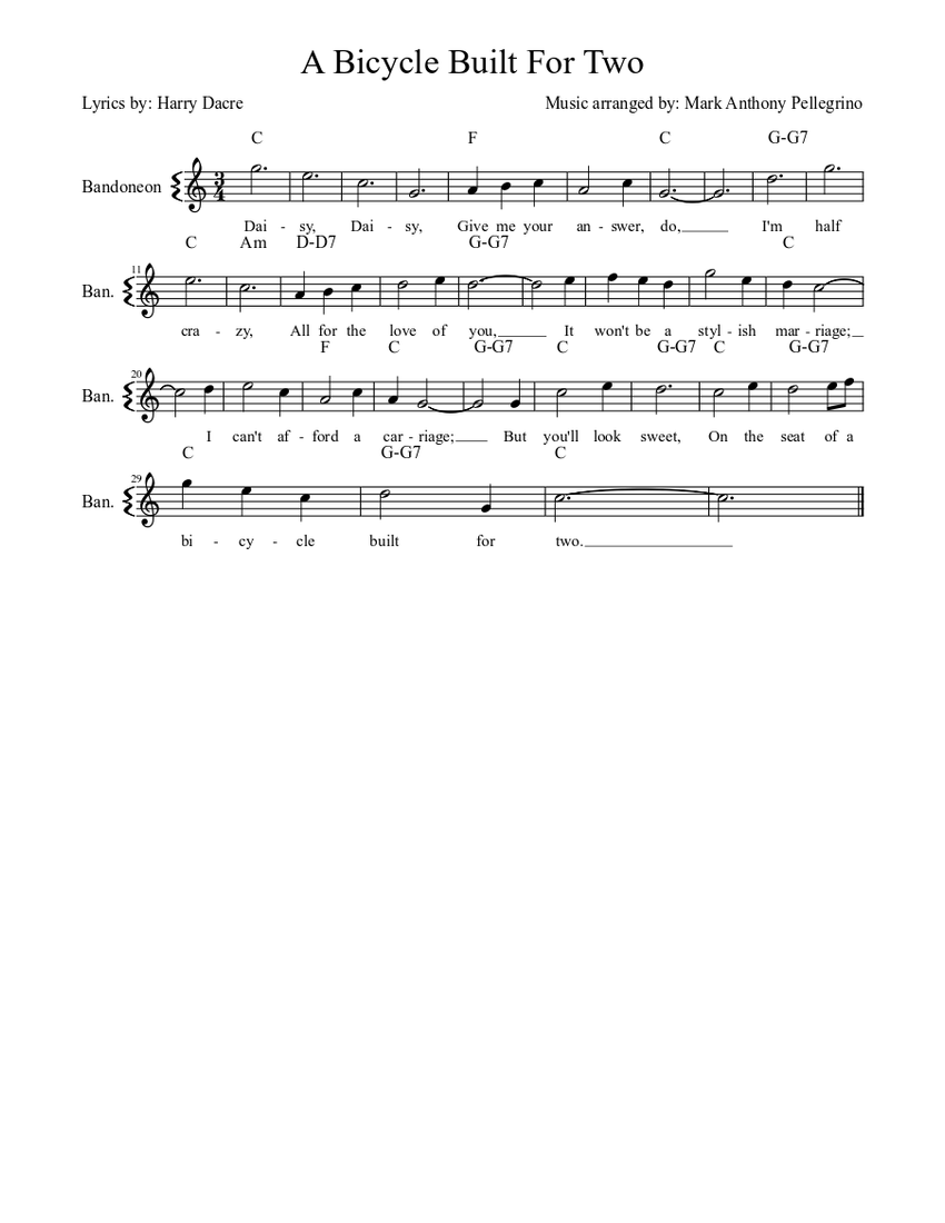 A Bicycle Built For Two Sheet music for Bandoneon (Solo) | Musescore.com