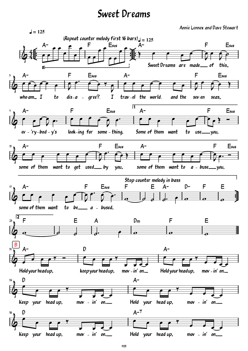 Sweet Dreams (Are Made of This) -- (lead sheet with lyrics) Sheet Music ...
