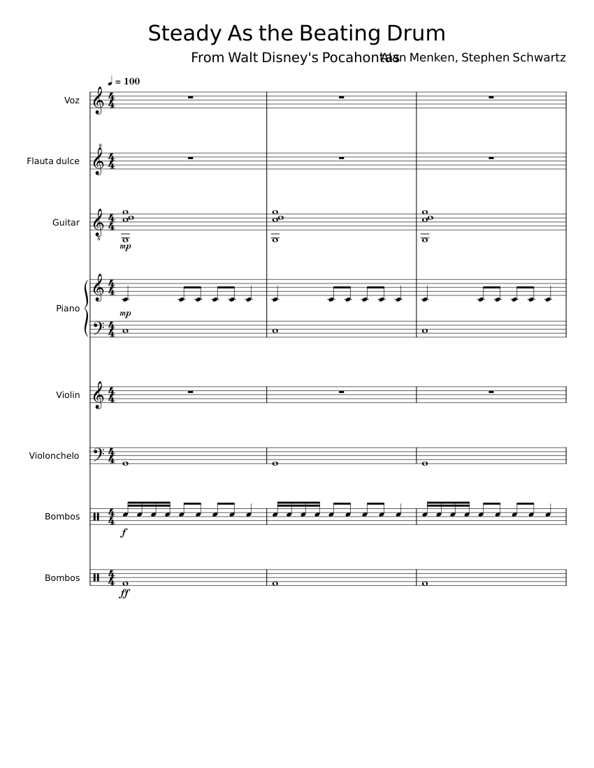 Steady As the Beating Drum - Alan Menken Sheet music for Piano, Violin ...