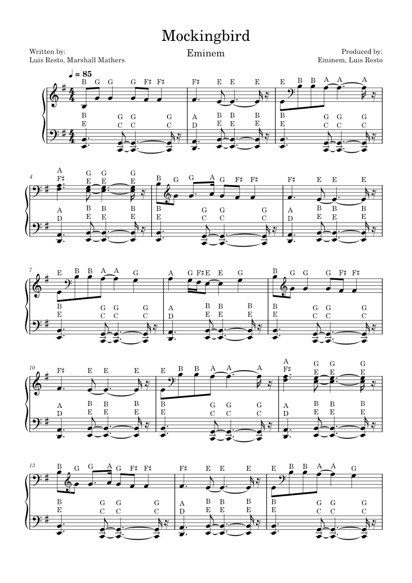 Mockingbird – Eminem Solo-Piano Beginner Sheet Music for Piano (Solo ...
