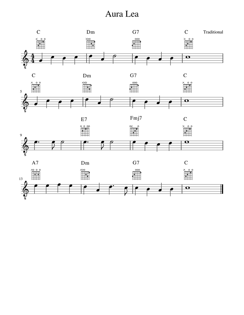 Aura Lea – George R. Poulton Aura Lea (Melody & Guitar Chords) Sheet ...