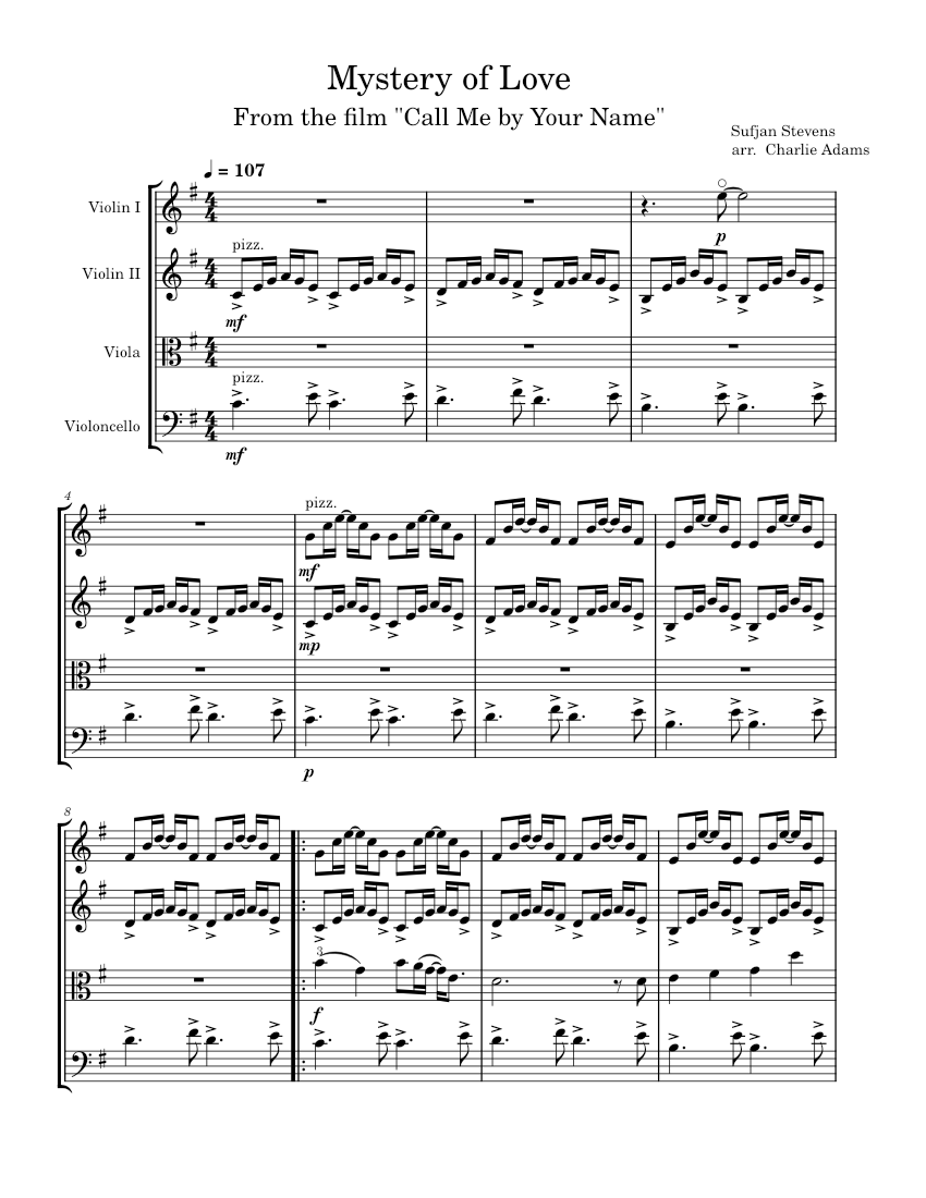 Mystery of Love Sheet music for Violin, Viola, Cello (String Quartet ...