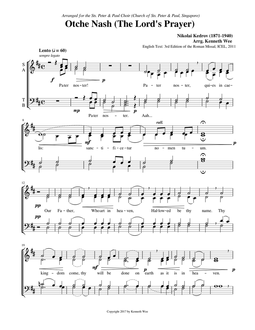 Otche Nash (The Lord's Prayer) - Chorister Copy Sheet music for Vocals ...