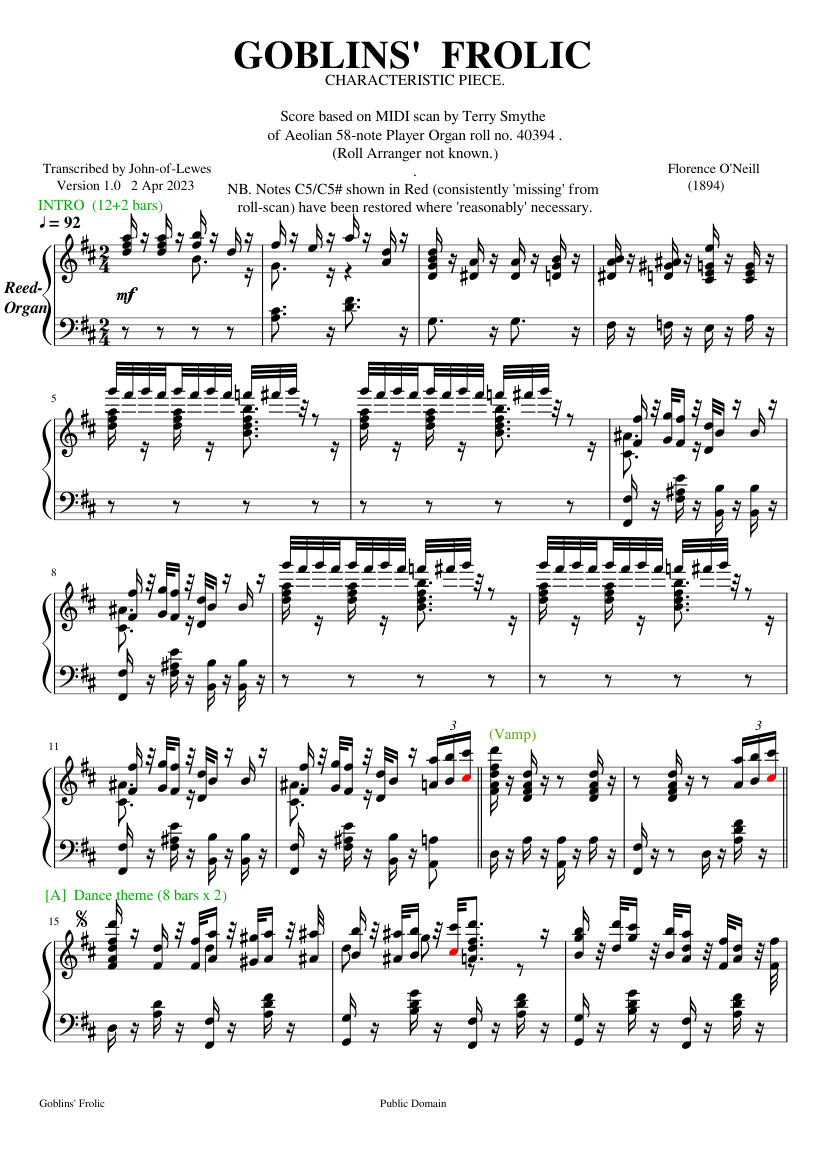 Goblins' Frolic (1894) - Organ roll transcription Sheet music for Piano ...