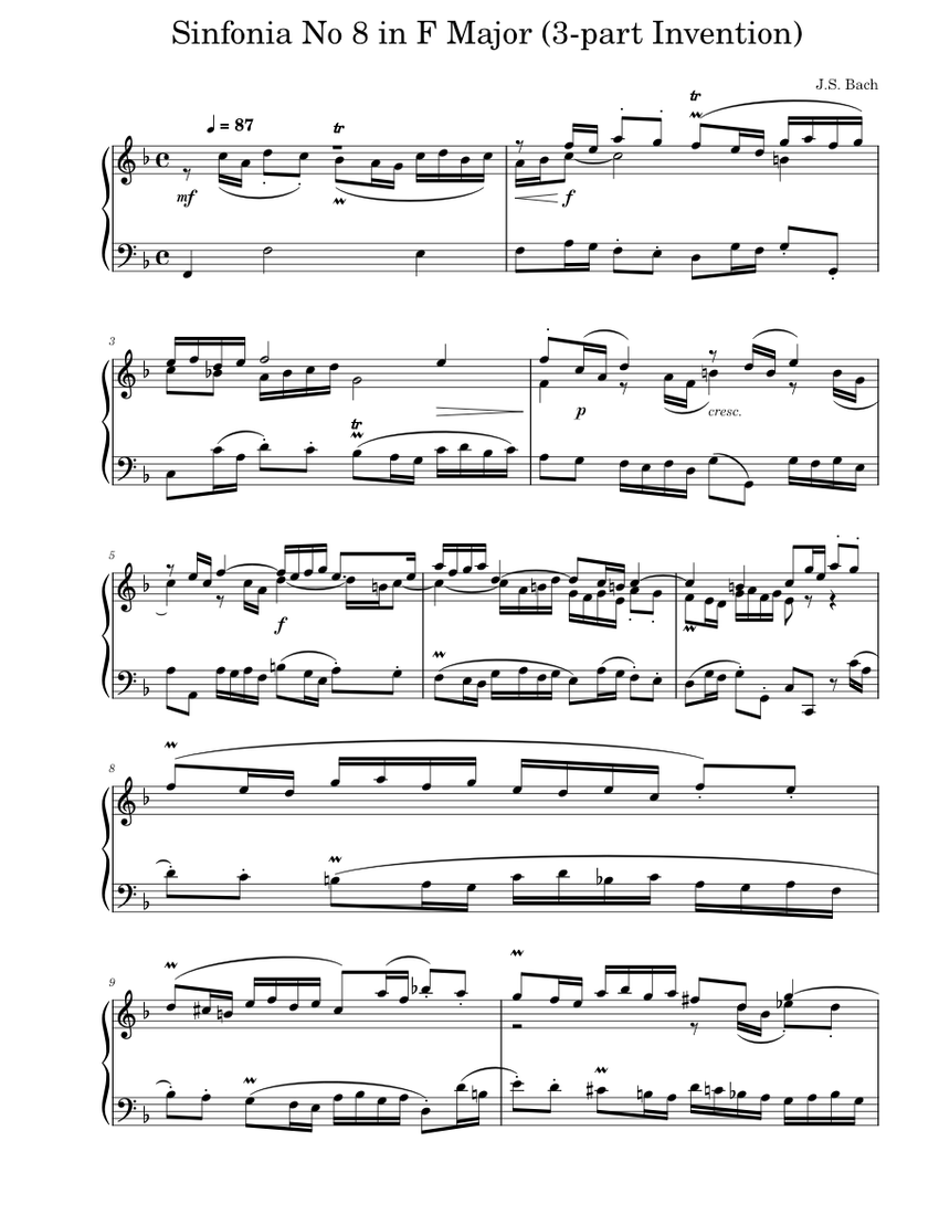 J.S. Bach Sinfonia No. 8 in F Major Sheet music for Piano (Solo ...