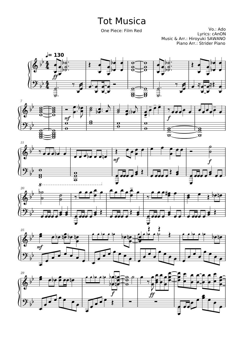 Tot Musica – Ado et al. [One Piece: Film Red] Piano Arrangement Sheet Music for Piano (Solo ...