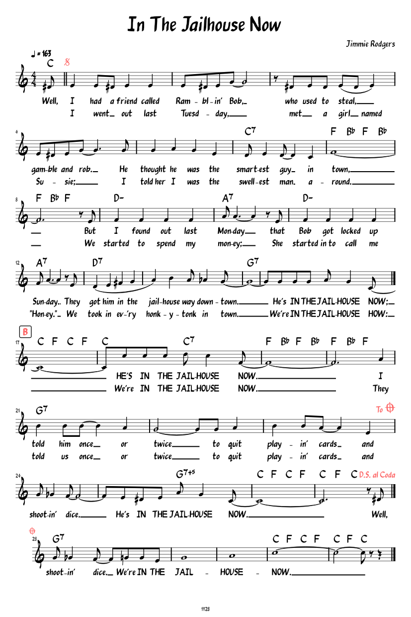 In the Jailhouse Now (Lead sheet with lyrics ) Sheet Music with Chords for Piano (Solo) Easy ...