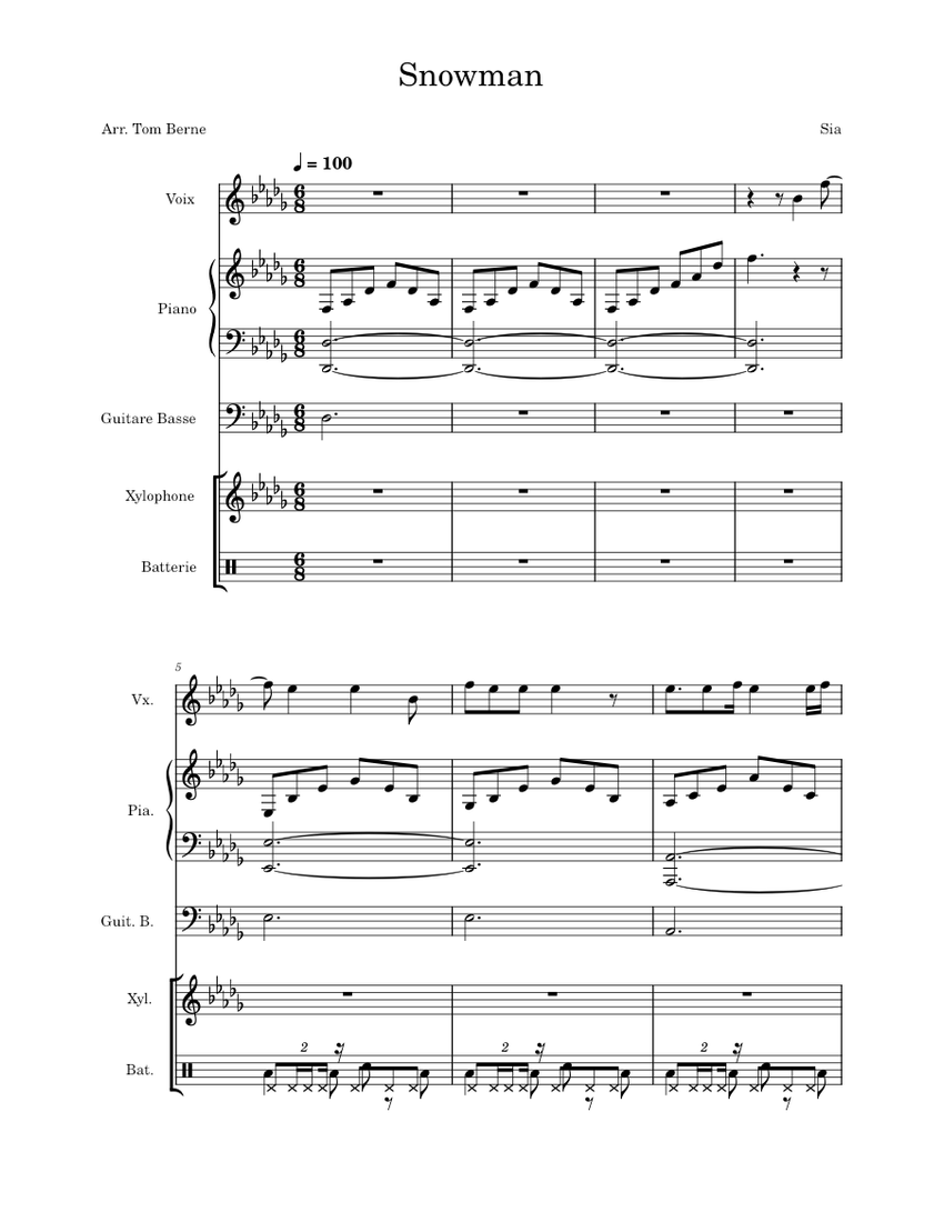 Snowman – Sia Sheet music for Piano, Vocals, Bass guitar, Drum group ...