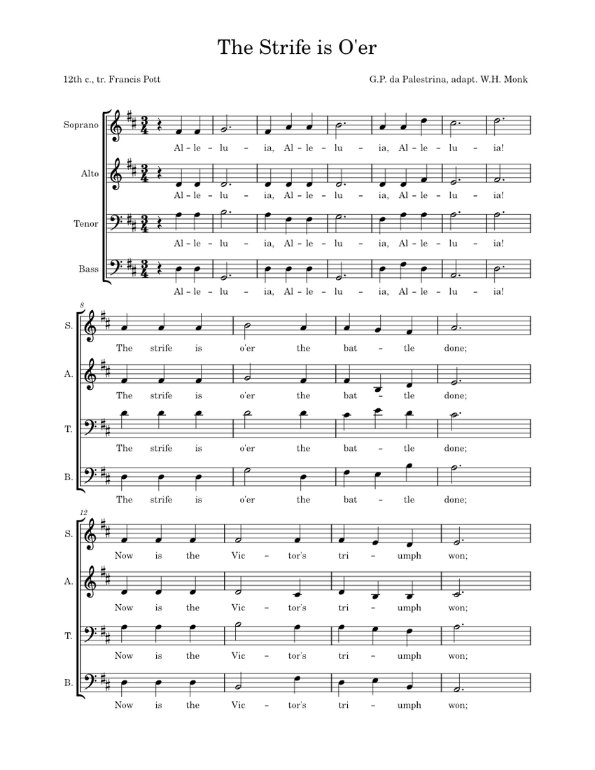 The Strife Is O'er – William Henry Monk Sheet music for Soprano, Tenor ...