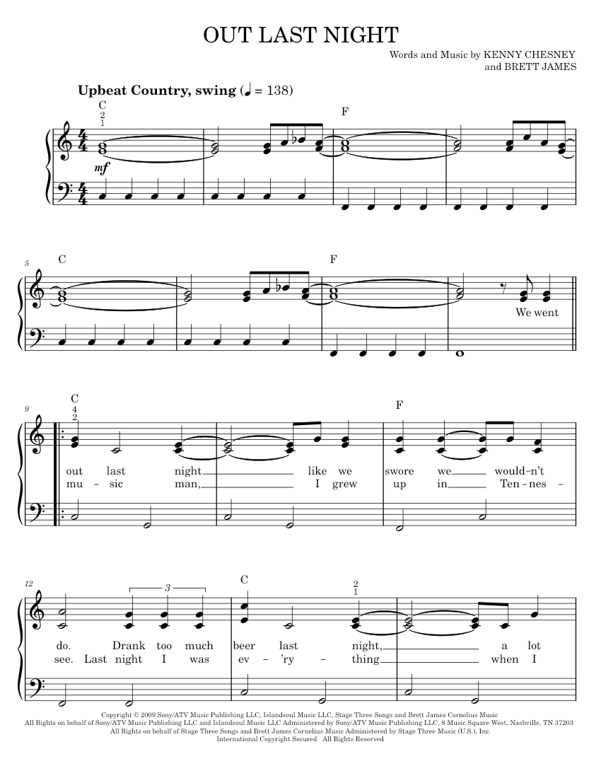 Play Official version of Out last night Sheet Music by Kenny Chesney ...