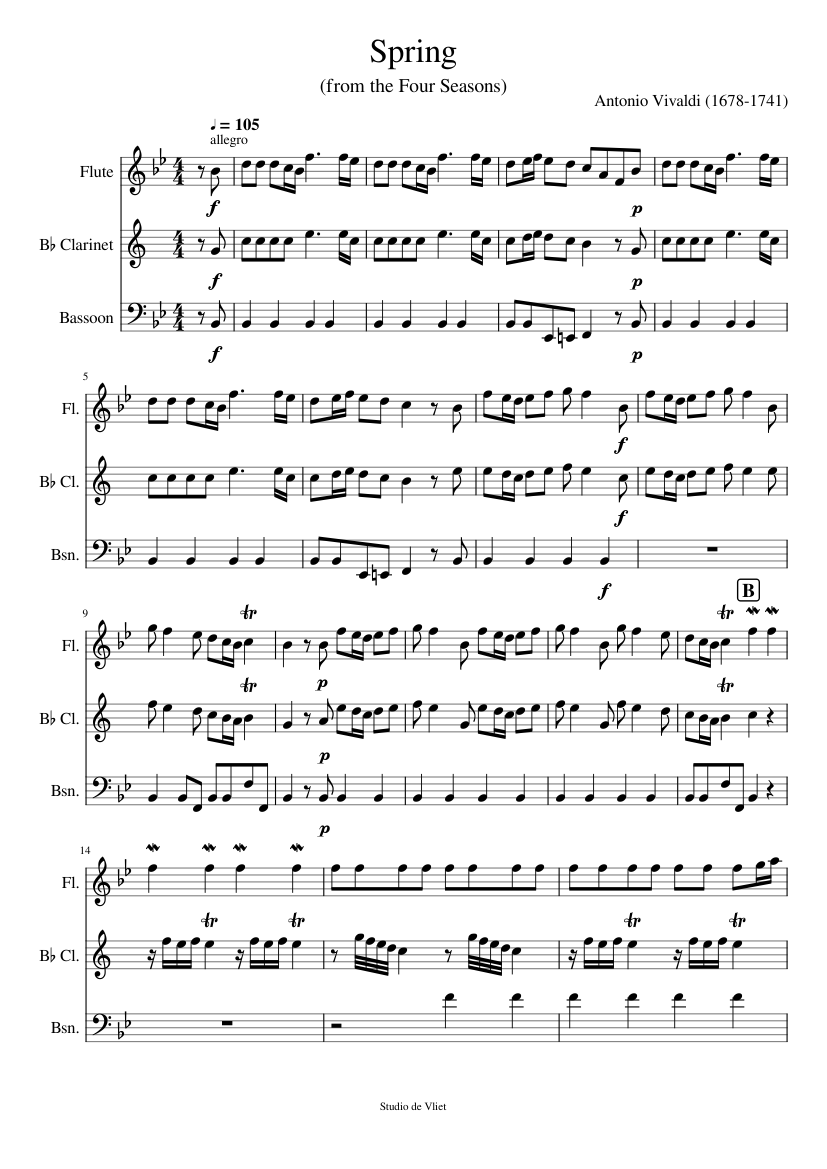 Spring from Vivaldi's Four Seasons Sheet music for Flute, Clarinet in b ...