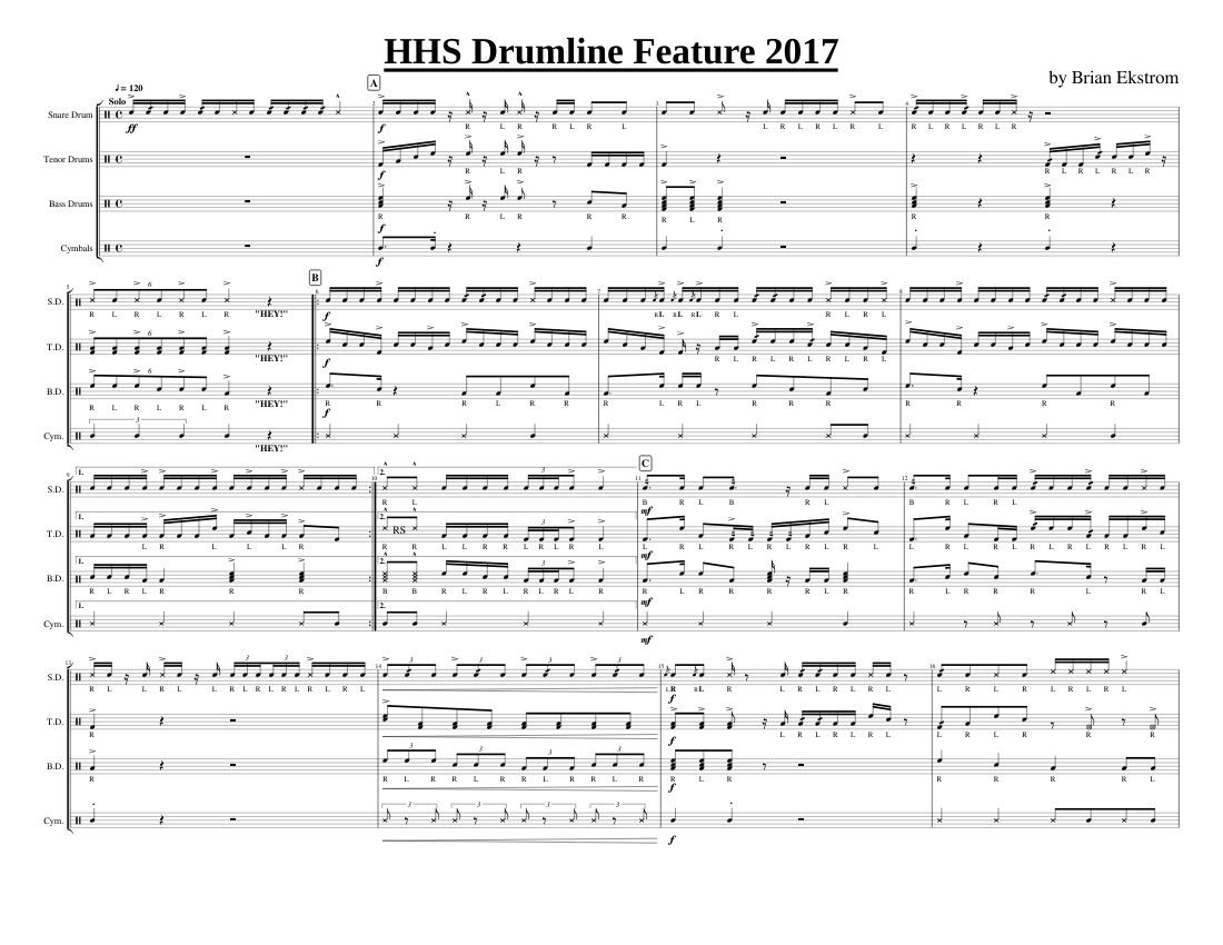 HHS Drumline Feature 2017 Sheet Music for Snare drum, Crash, Tenor drum ...