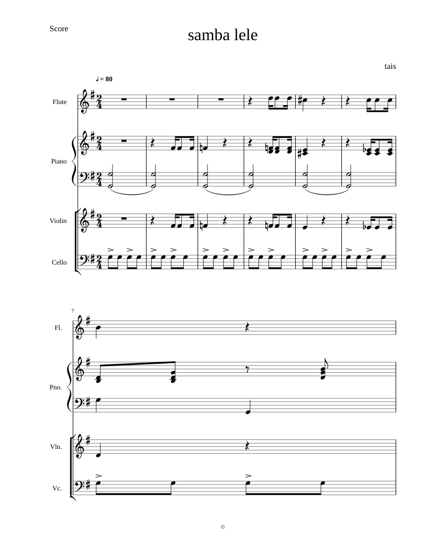 samba lele Sheet music for Piano, Flute, Violin, Cello (Mixed Quartet ...