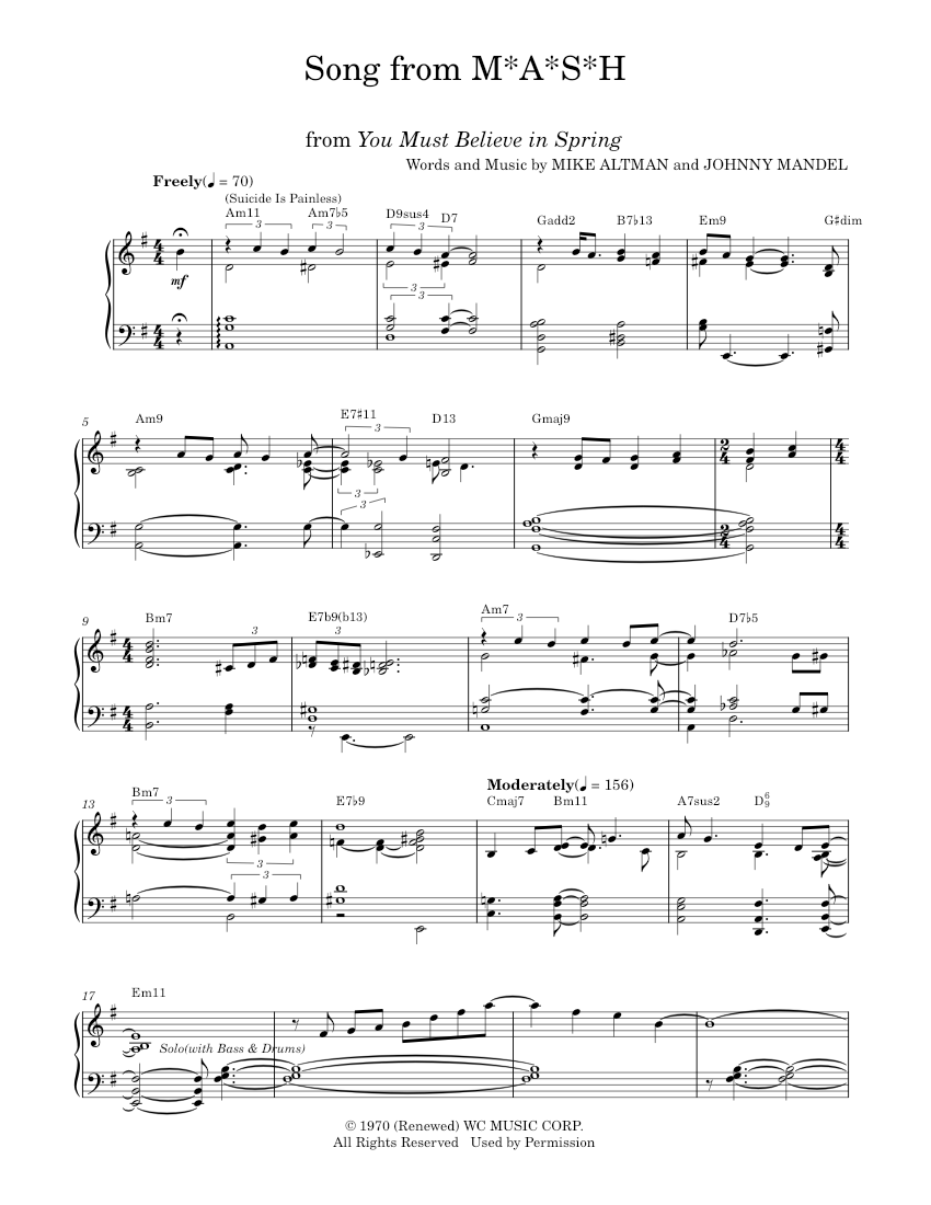 Song From M*A*S*H (Suicide Is Painless) Sheet music for Piano by Bill ...