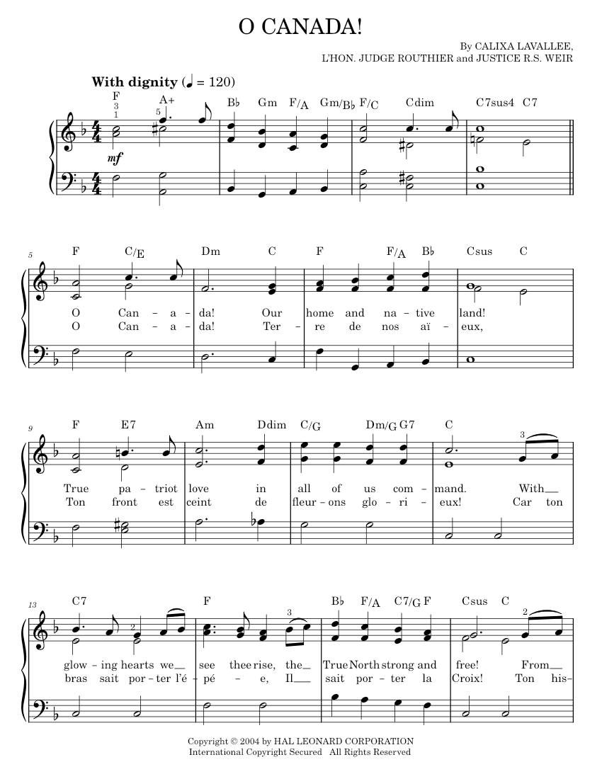 Play Official version of O Canada Sheet Music by Calixa Lavallée for ...