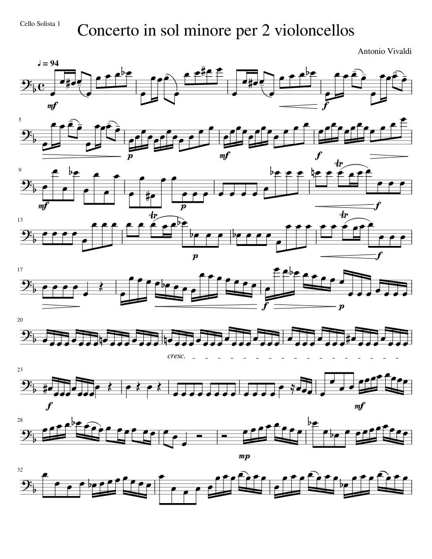 Concerto in sol minore per 2 violoncellos Sheet music for Cello (Solo ...