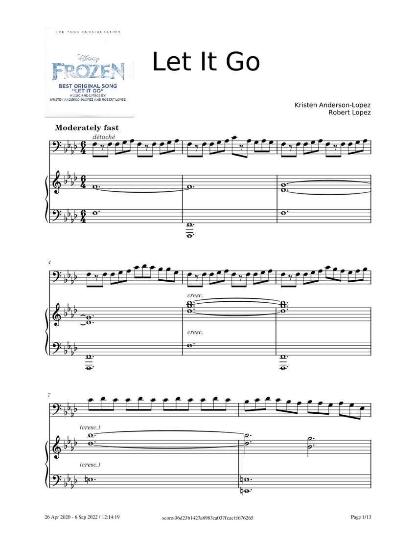 Let It Go – Kristen Anderson-Lopez & Robert Lopez Sheet music for Piano ...