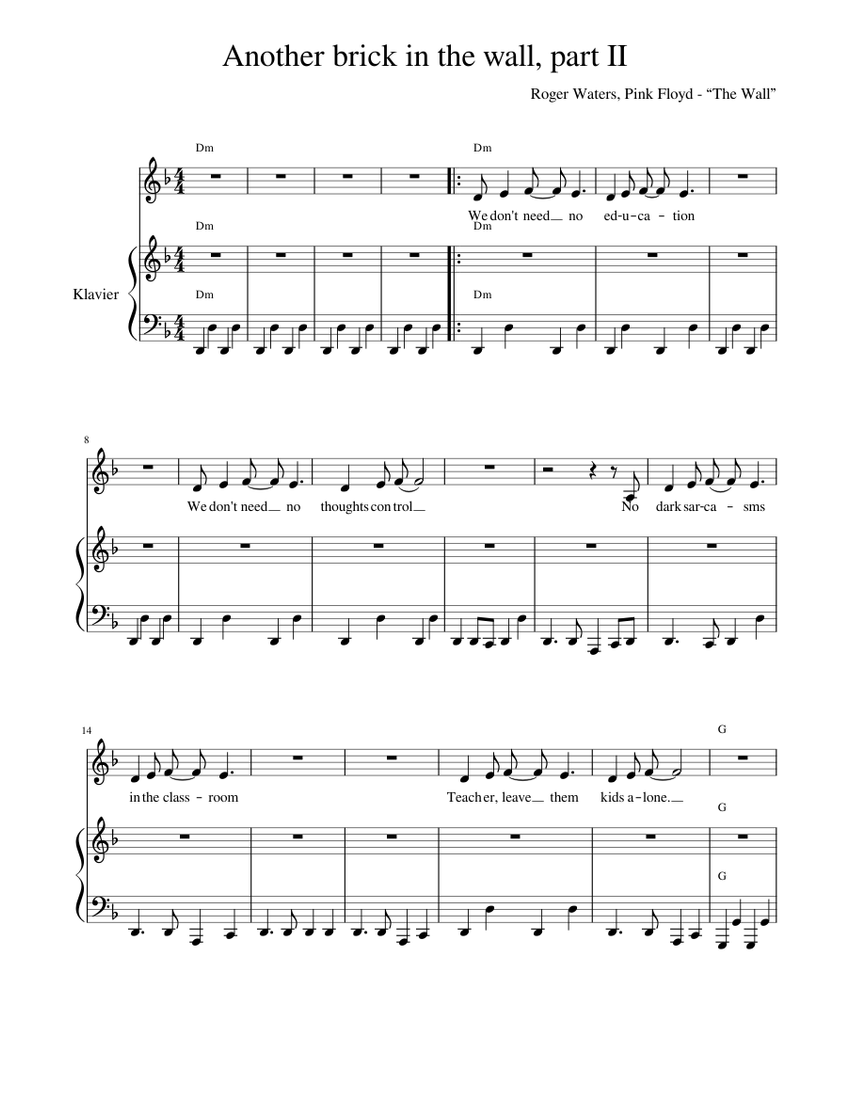 Another brick in the wall part II Sheet music for Piano (Solo ...