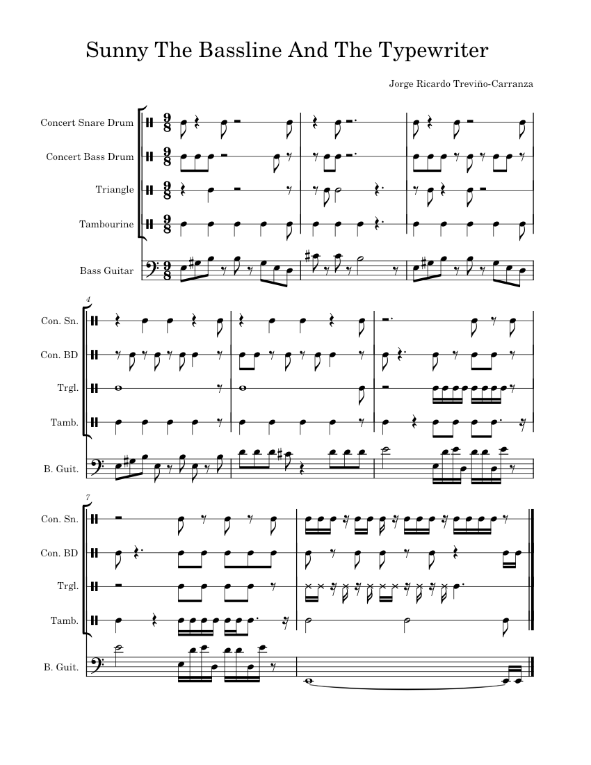 Sunny The Baseline And The Typewriter Sheet music for Tambourine, Snare drum, Bass guitar, Bass ...