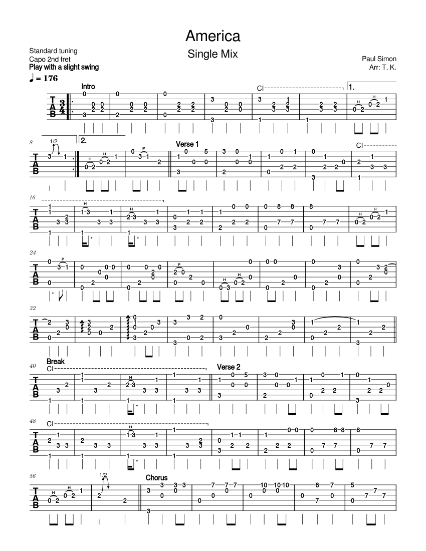 America - Simon & Garfunkel Sheet Music for Guitar (Solo) | MuseScore.com