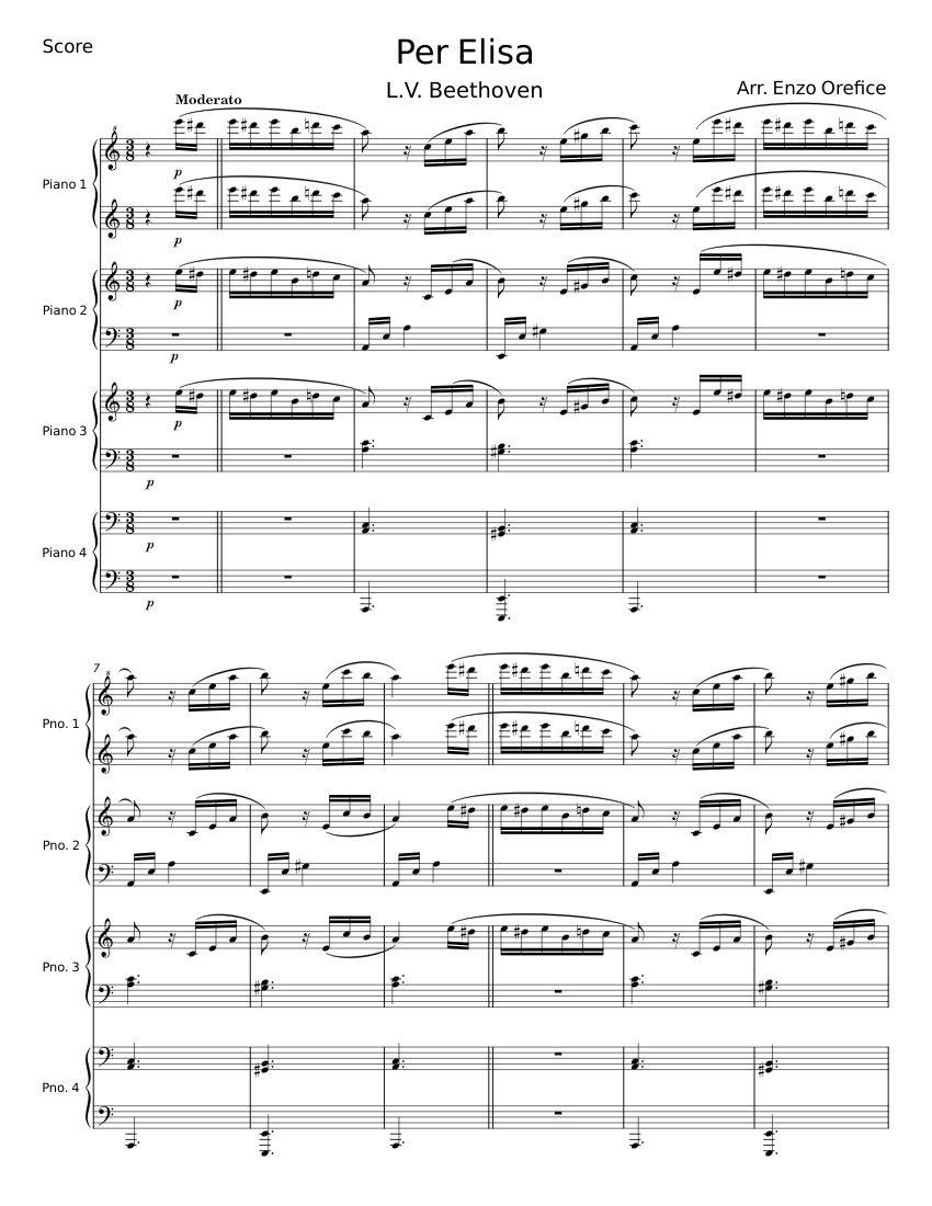 Per Elisa – L. V. Beethoven Sheet music for Piano (Mixed Quartet ...