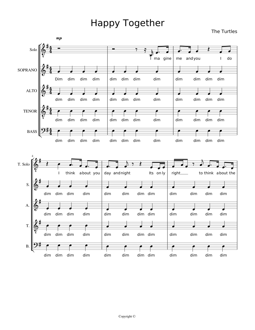 Happy TogetherSATB Sheet music for Bass guitar (Solo) | Musescore.com