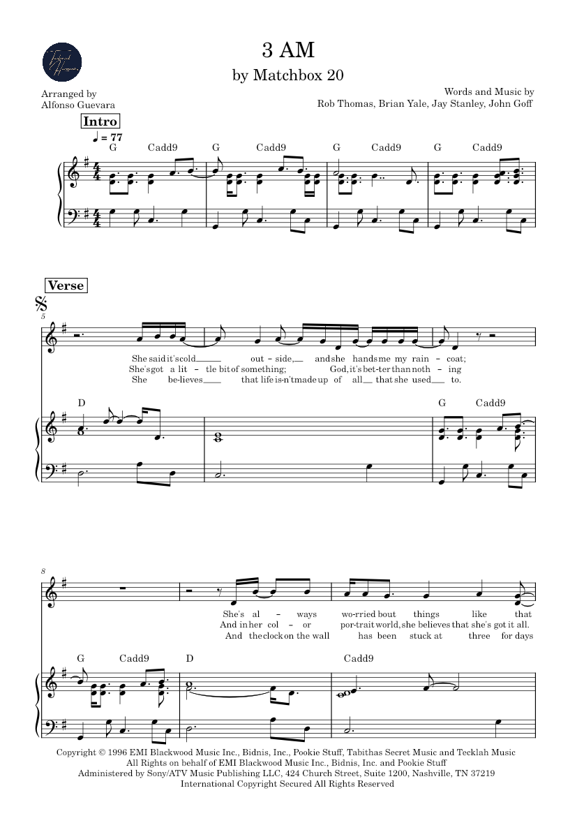 3 AM – Matchbox Twenty Sheet Music with Chords for Piano (Piano Duo ...