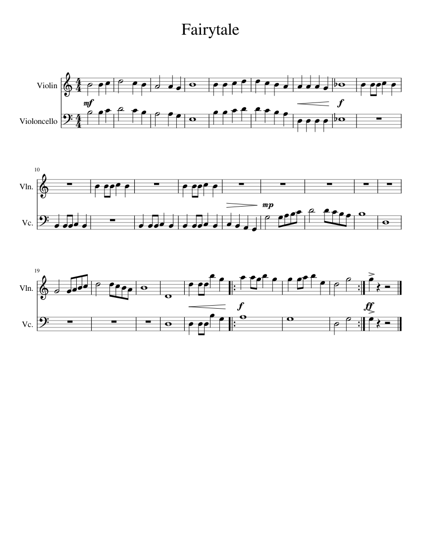 Fairytale Sheet music for Violin, Cello (String Duet) | Musescore.com