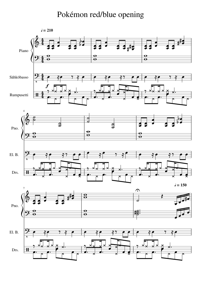 Pokémon Red/Blue opening theme Sheet music for Piano, Bass guitar, Drum ...