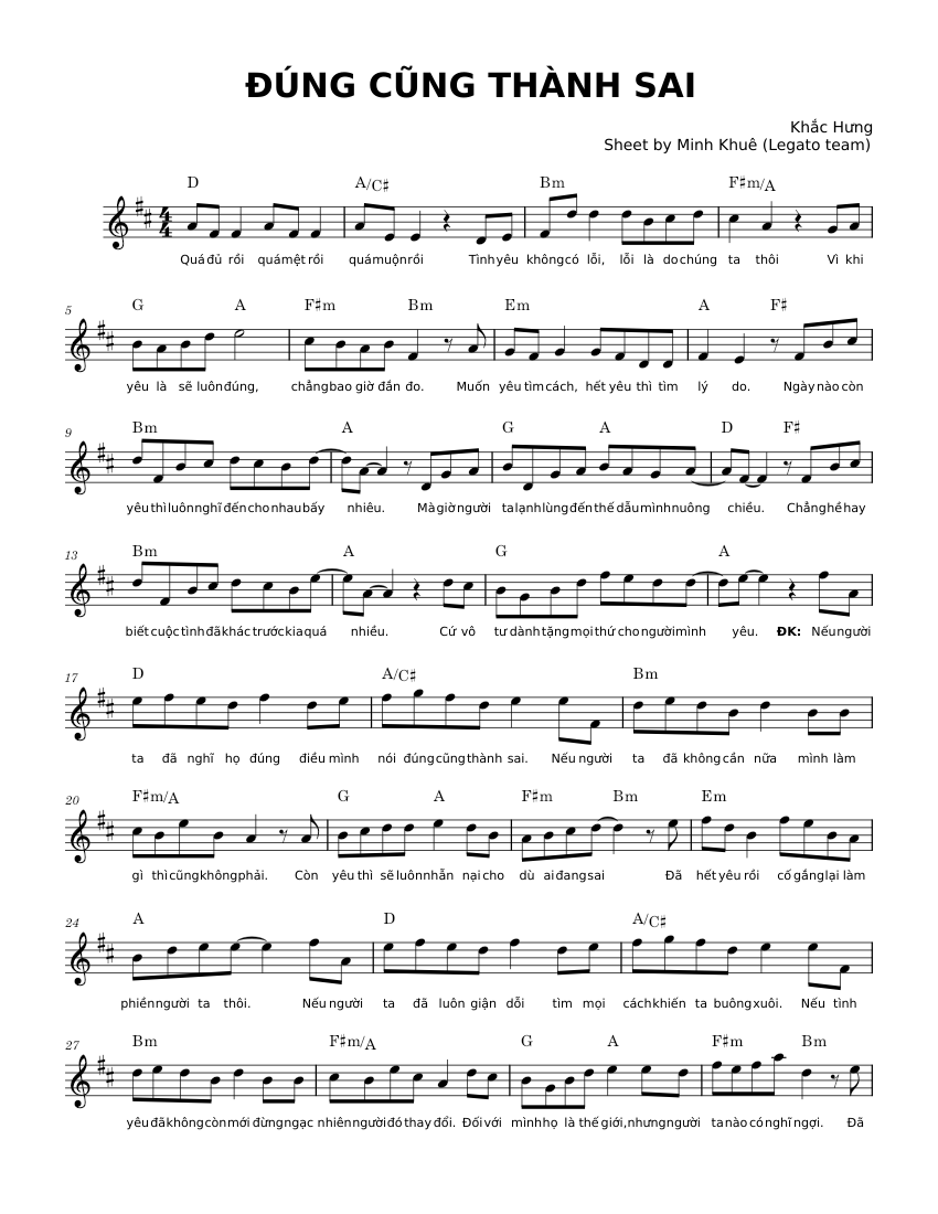 đúng cũng thành sai Sheet Music with Chords for Piano (Solo) easy ...