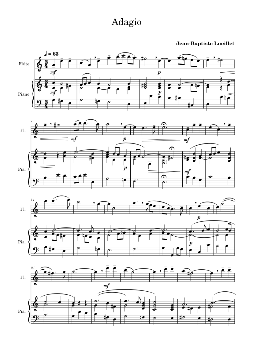 Adagio - Jean-Baptiste Loeillet Sheet Music for Piano, Flute (Solo ...
