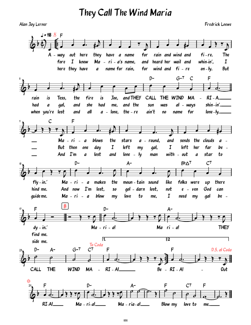 They Call the Wind Maria (Lead sheet with lyrics ) Sheet music for ...
