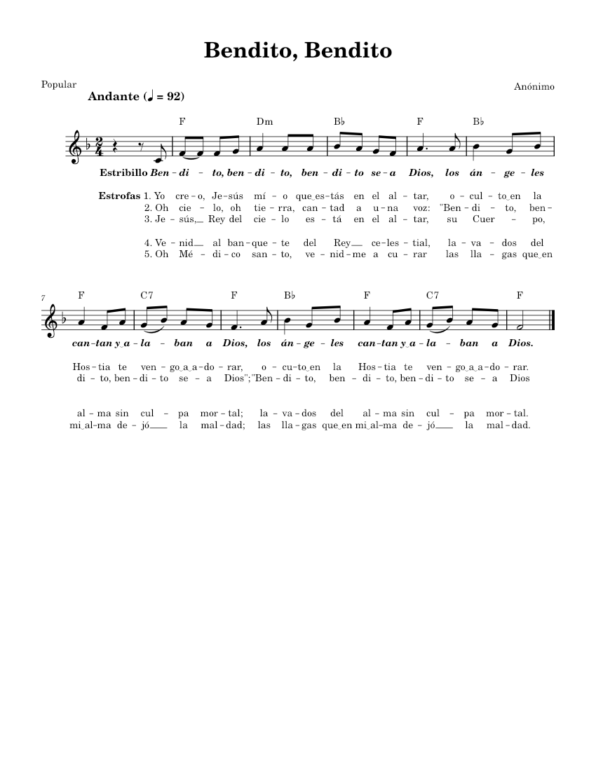 Bendito, Bendito Canto Popular de Autor Anonimo Sheet music for Piano ...