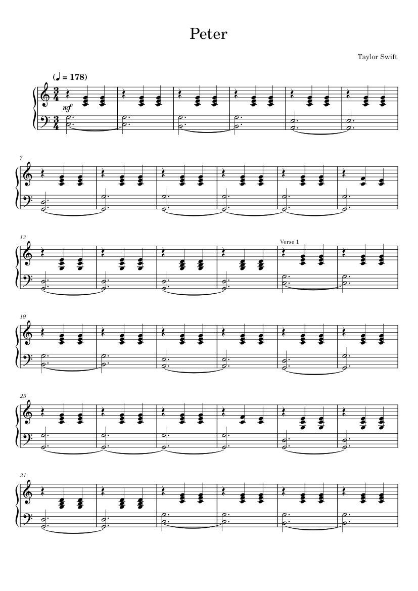 Peter – Taylor Swift Sheet Music for Piano (Solo) Easy | MuseScore.com