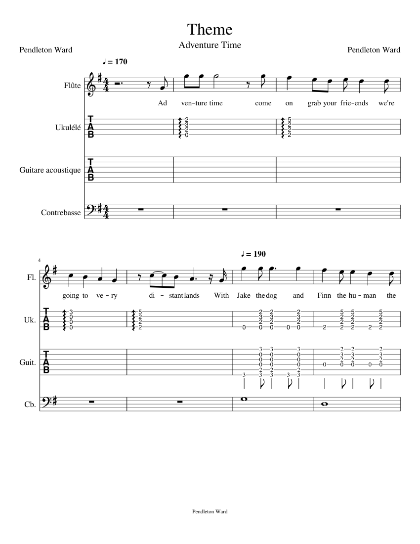 Adventure Time - Intro Sheet music for Flute, Contrabass, Guitar ...