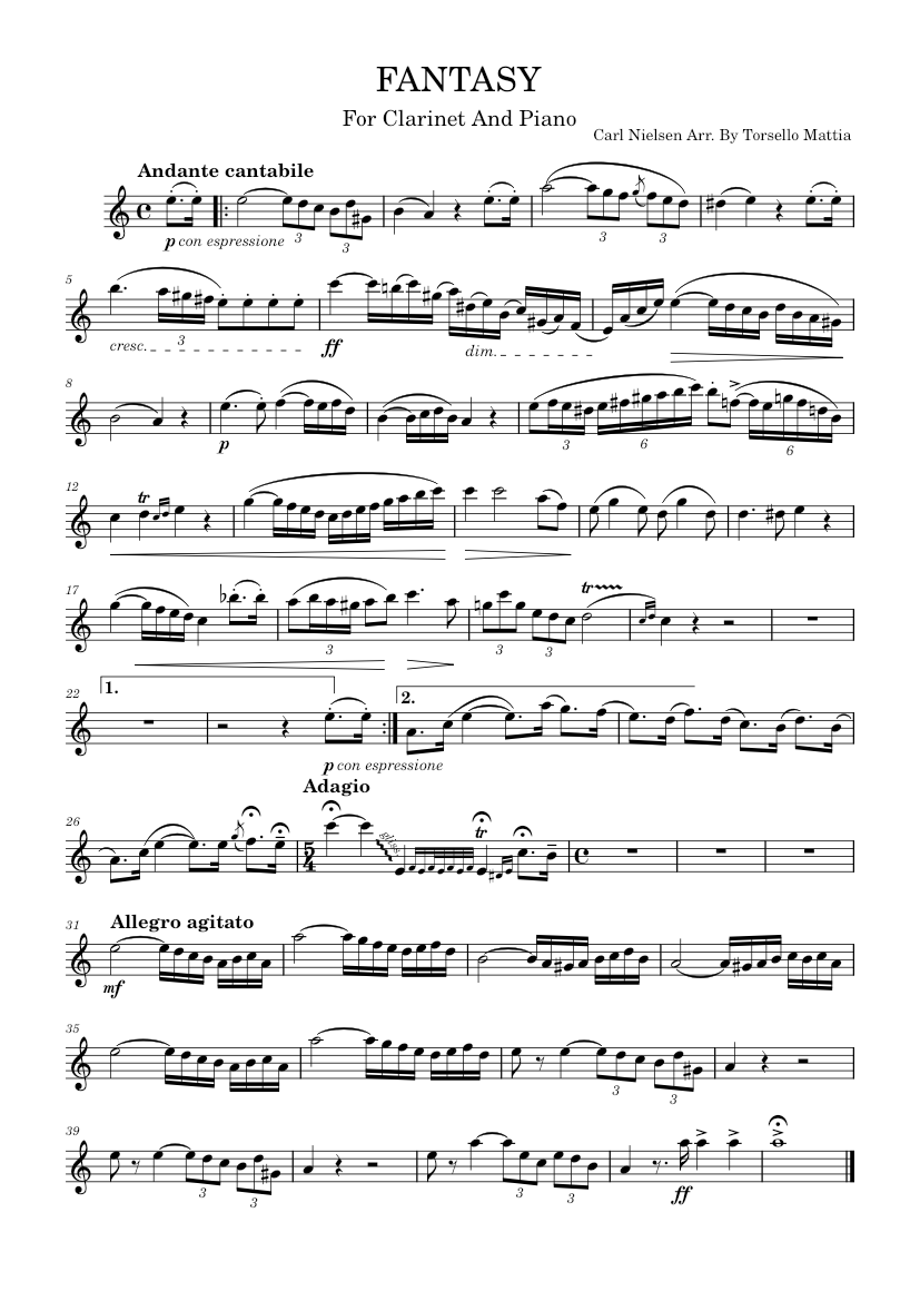 Fantasy For Clarinet And Piano – Carl Nielsen Sheet Music for Clarinet other (Solo) | MuseScore.com