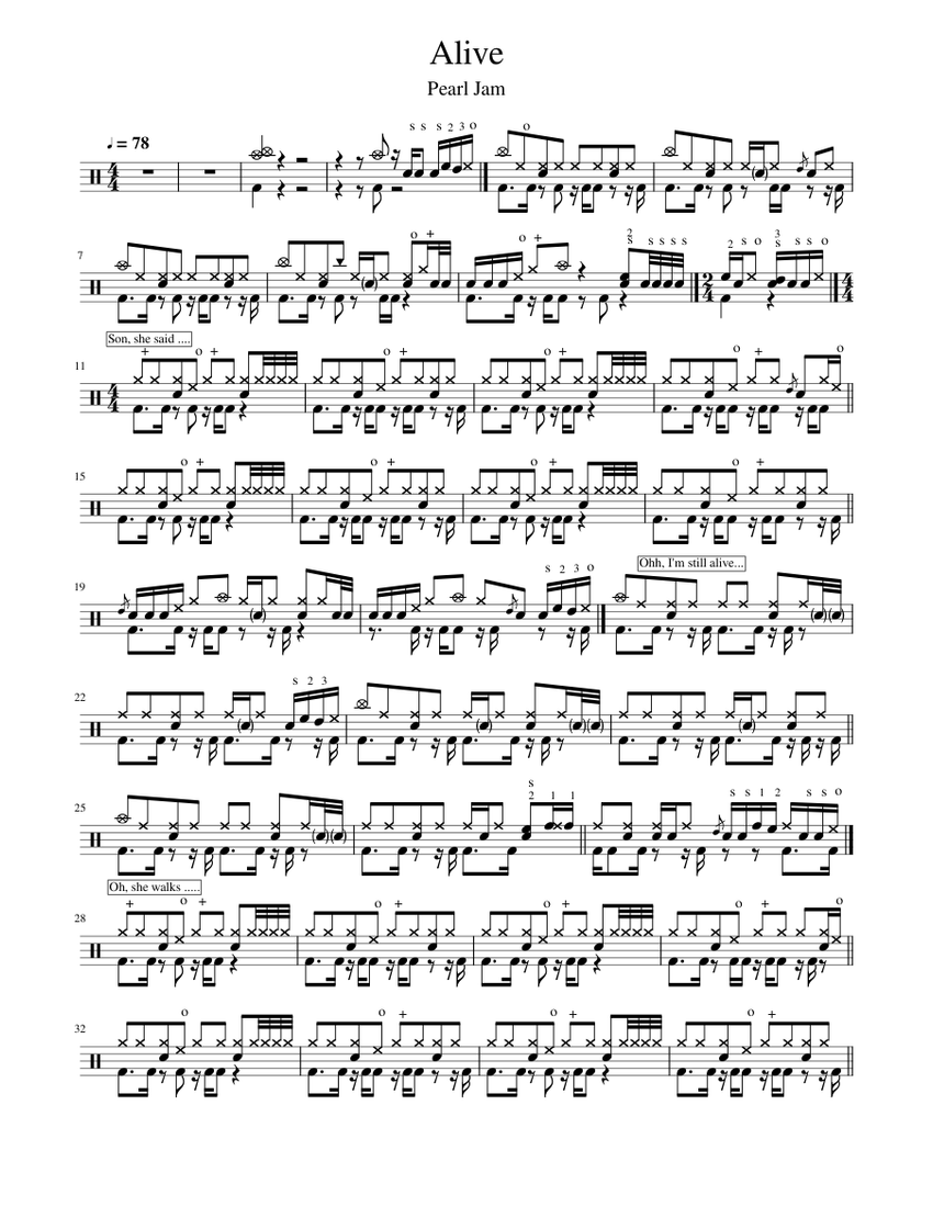 Alive - Pearl Jam Sheet music for Drum group (Solo) | Musescore.com