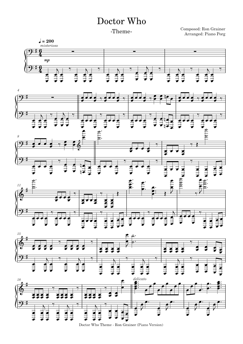 Doctor Who Theme – Ron Grainer (Piano Version) Sheet Music for Piano ...