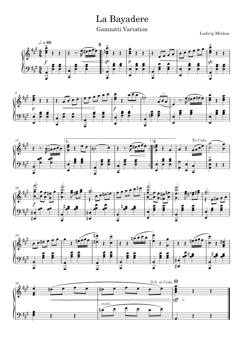 Ludwig Minkus La bayadère (Gamzatti Variation) Sheet Music for Piano ...