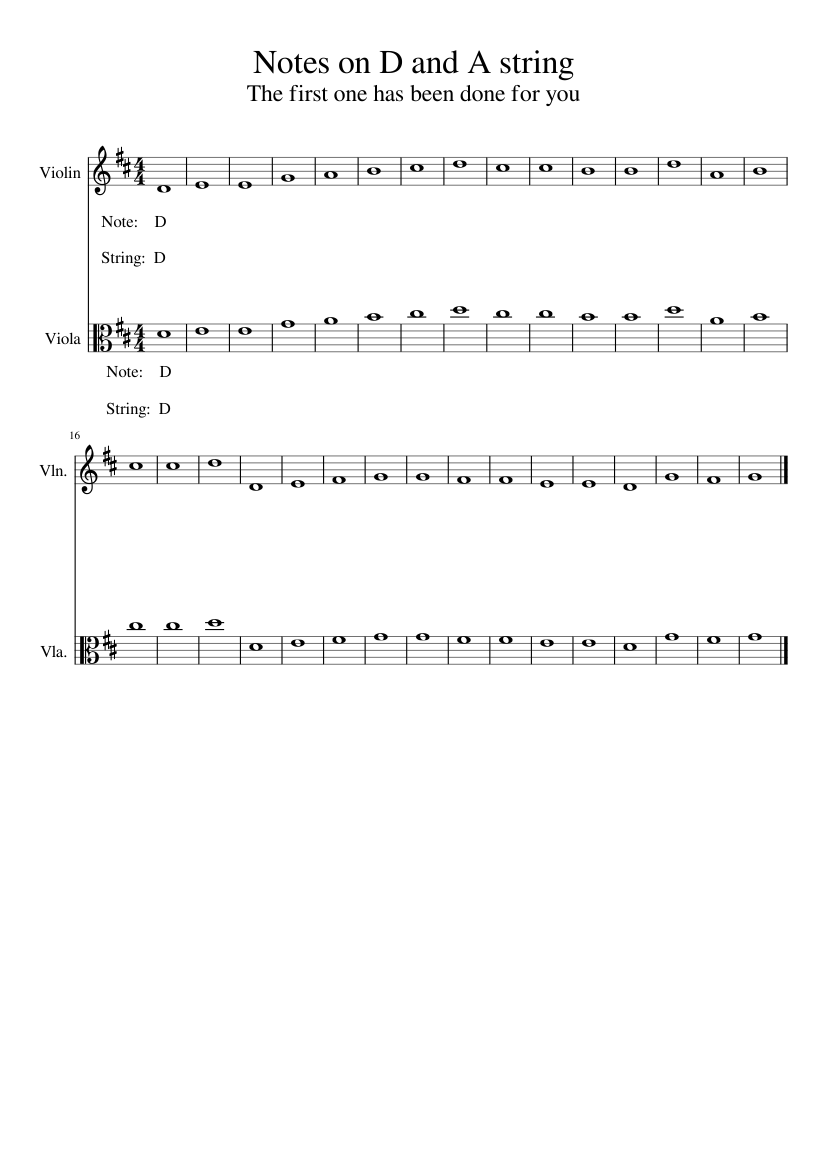 Notes on D and A string Sheet music for Violin, Viola (String Duet ...