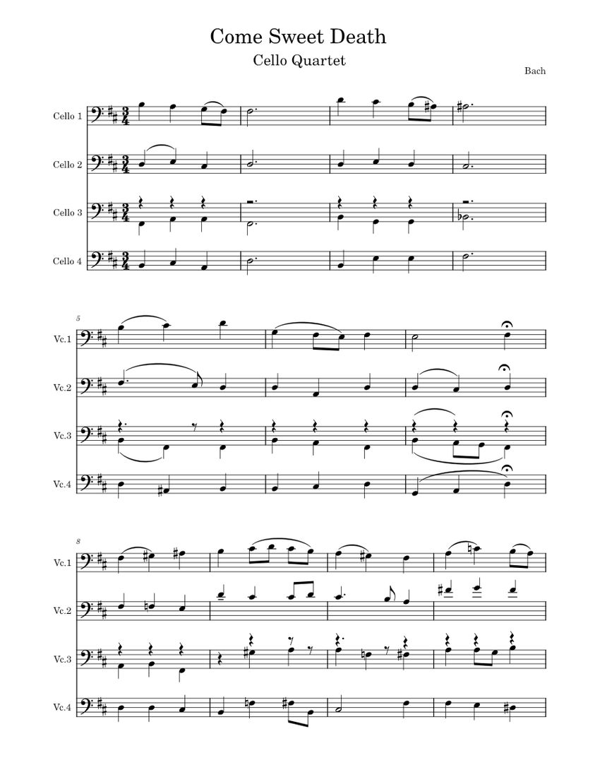 Bach-Come-Sweet-Death2 Sheet music for Cello (String Quartet ...