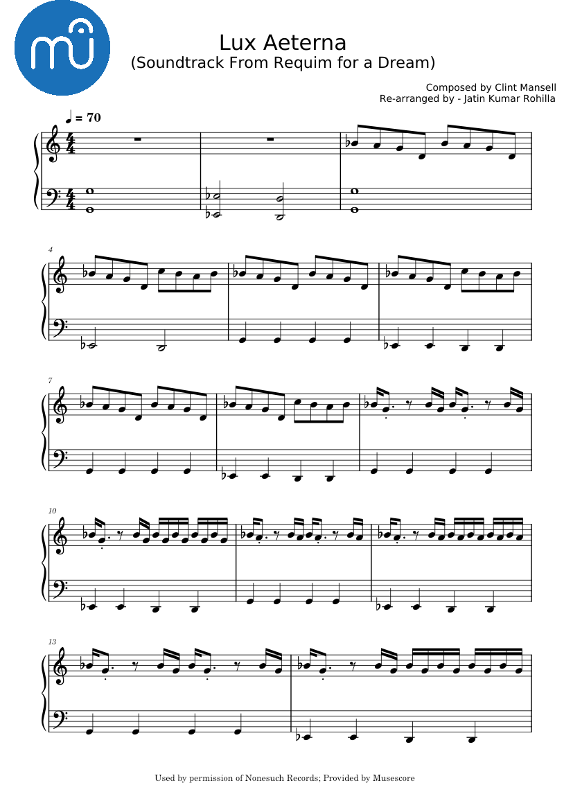 Lux aeterna – Clint Mansell Requim for a dream Sheet music for Piano ...